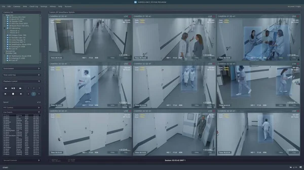 Playback CCTV cameras in hospital hallway on computer or tablet screen. User interface of ...