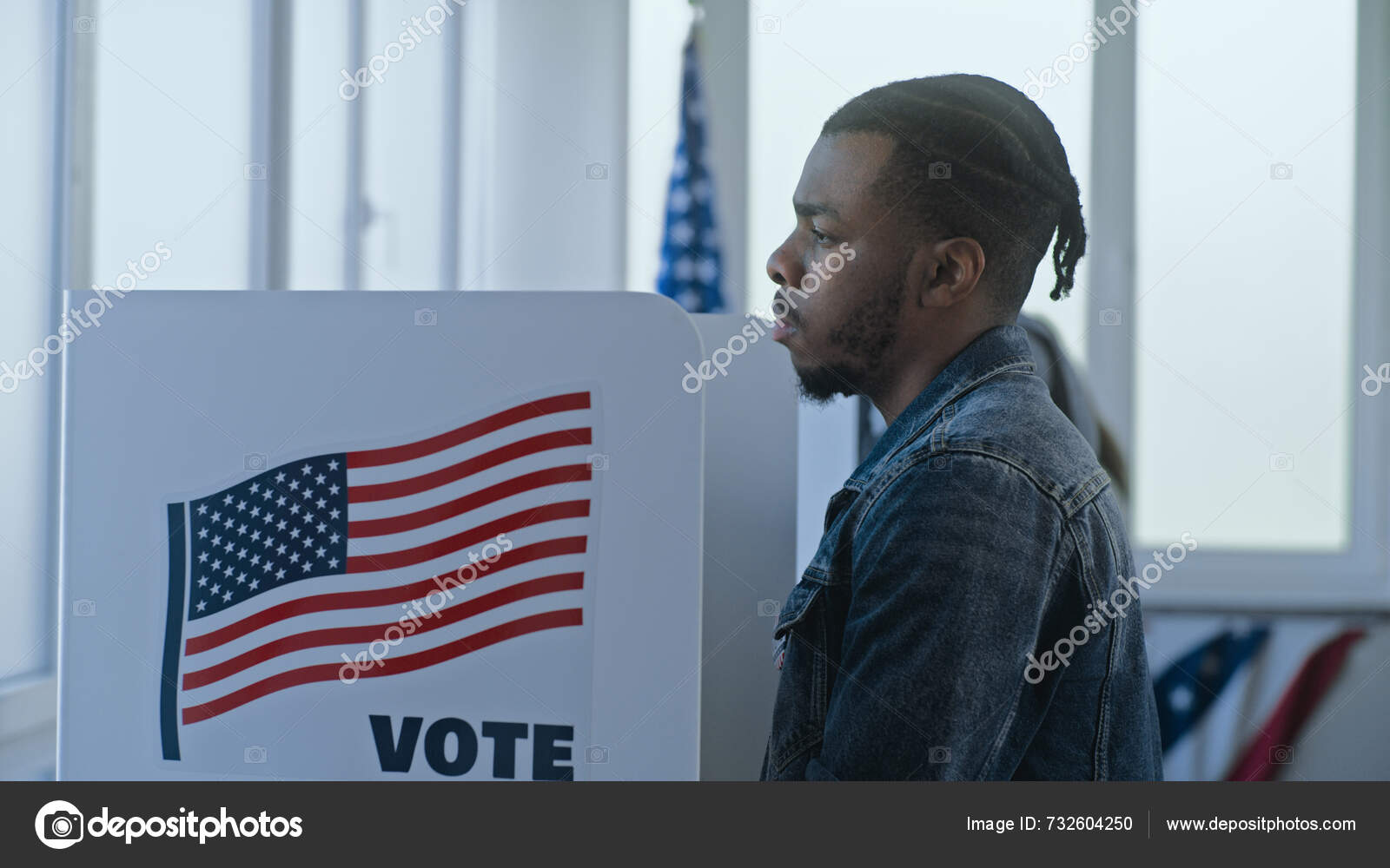 African American Man Stands Decides Voting Booth Polling Station Office ...