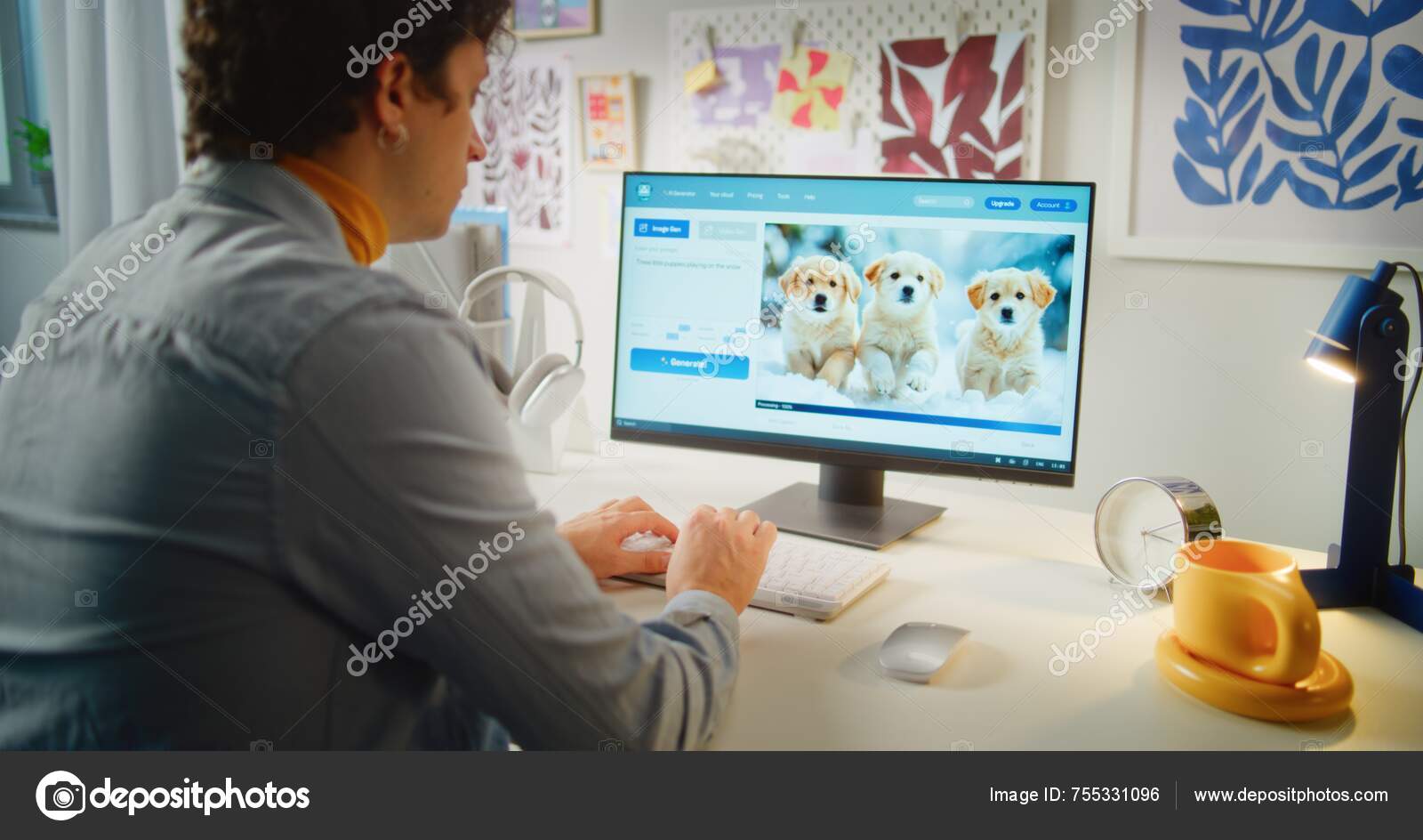 Close Man Typing Prompt Image Generator Computer Screen Shows ...