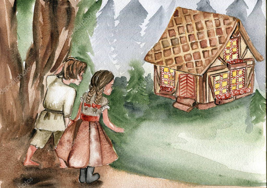 Hansel y Gretel ilustración de fantasía acuarela. Historia del libro dibujado a mano. Niños ...