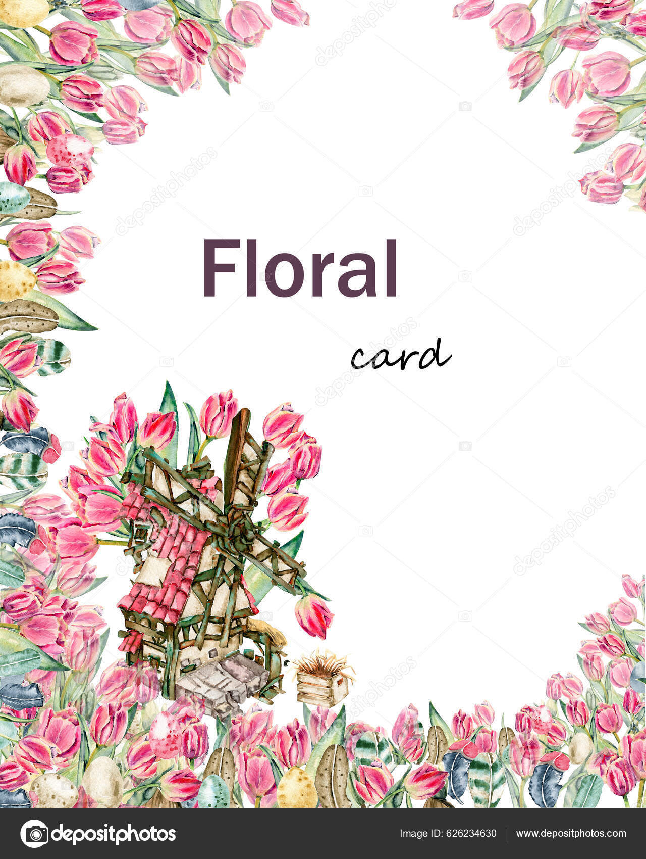 Hand Drawn Watercolor Card Template Pink Tulips Illustration Watercolor ...