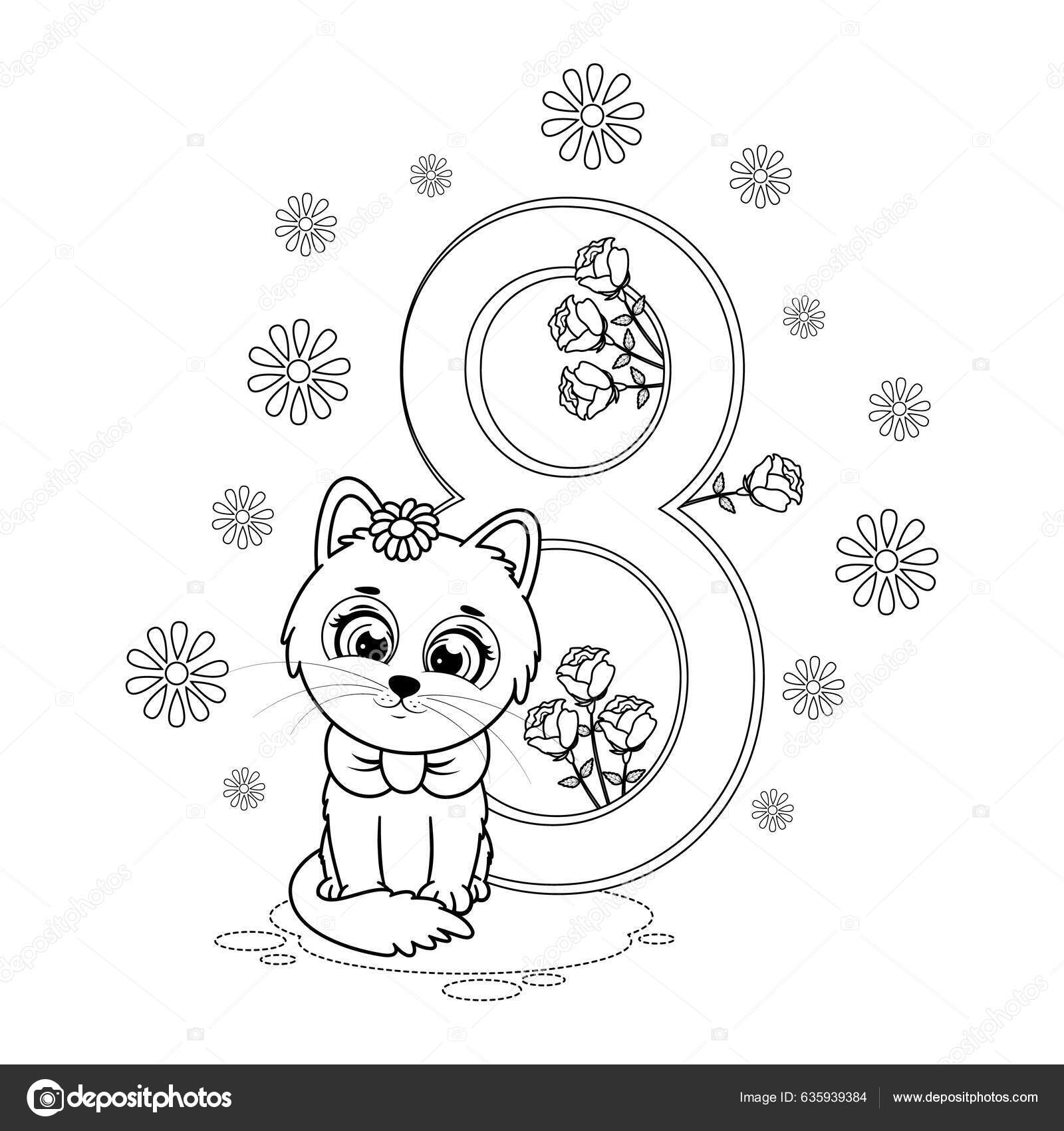 Coloring Page Cartoon Kitten Number Flowers Vector de stock por ©vk ...