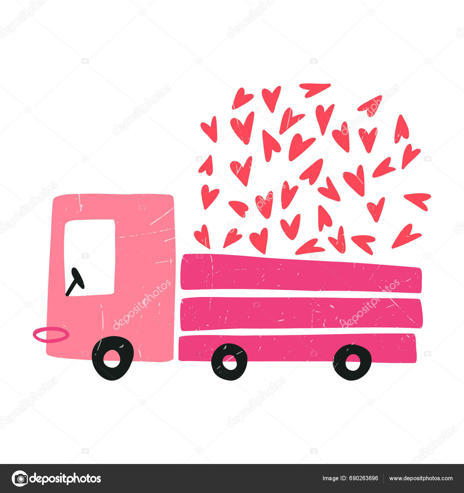 Hand Drawn Truck Driving Hearts Cartoon Flat Vector Illustration ...