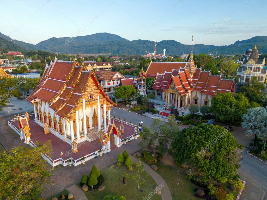 Aerial drone view of Wat Chalong a Thai buddhist temple located in ...