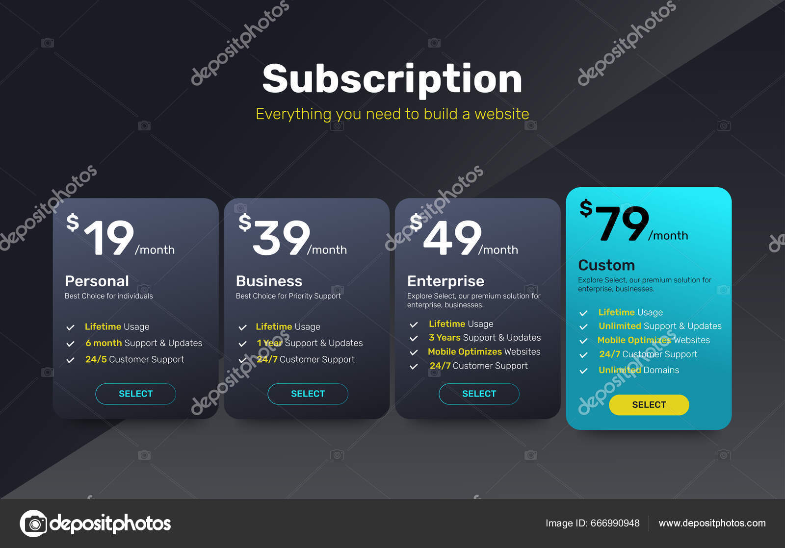 Plan Pricing Table Template Design Gradient Dark Theme Illustration ... Plan Pricing Table Template Design Gradient Dark Theme Illustration ...