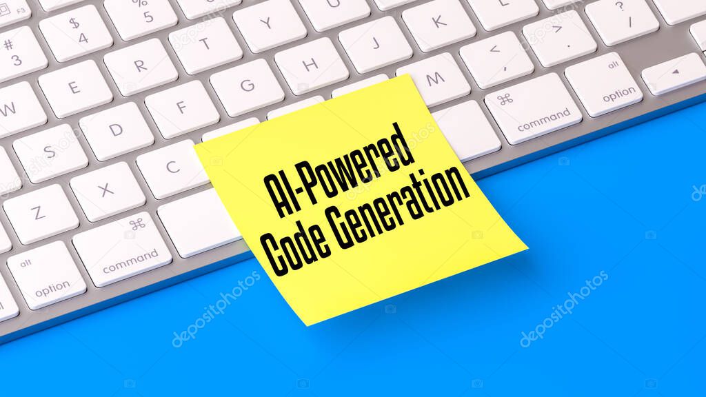 AI-Powered Code Generation text on sticky note, computer keyboard background, web banner ...