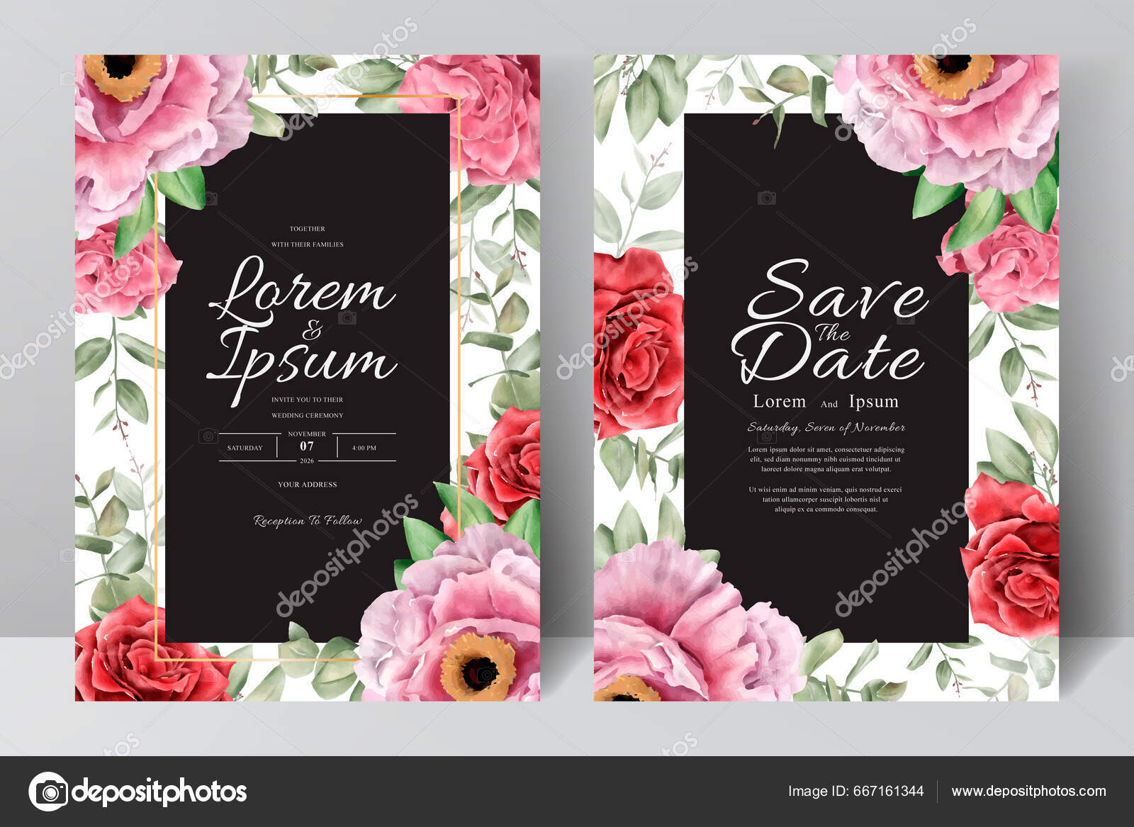 Conjunto Watercolor Floral Frame Casamento Convite Template Vetor de ...