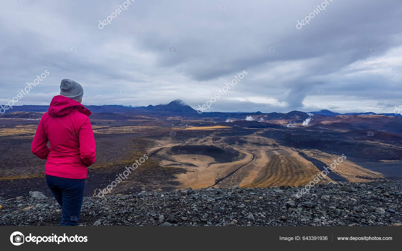 Girl Standing Rocky Surface Volcano Overlooking Geothermal Activity ...