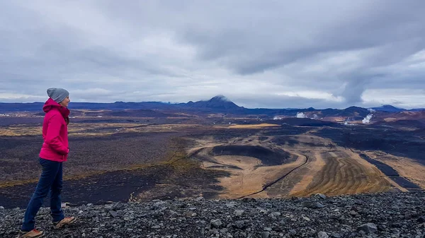 Girl Standing Rocky Surface Volcano Overlooking Geothermal Activity ...