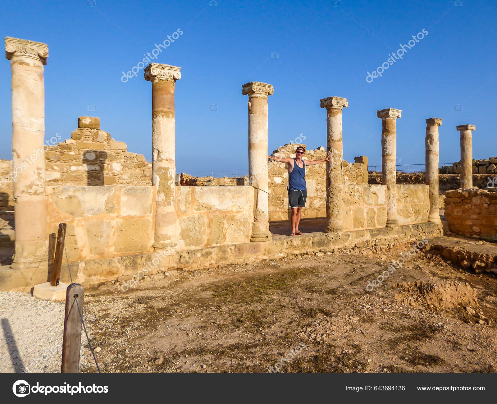 Young Man Standing Ruins Ancient Temple What Left Temple Columns ...