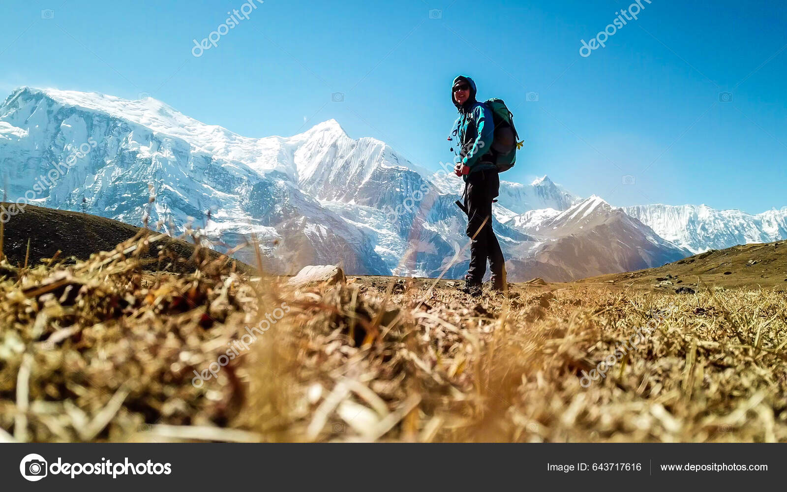 Man Trekking Annapurna Circuit Trek Himalayas Nepal Snow Caped ...
