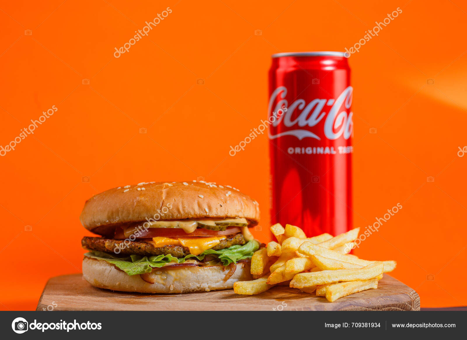 Cheeseburger Fries Can Coca Cola Wooden Board Studio Shot Orange ...