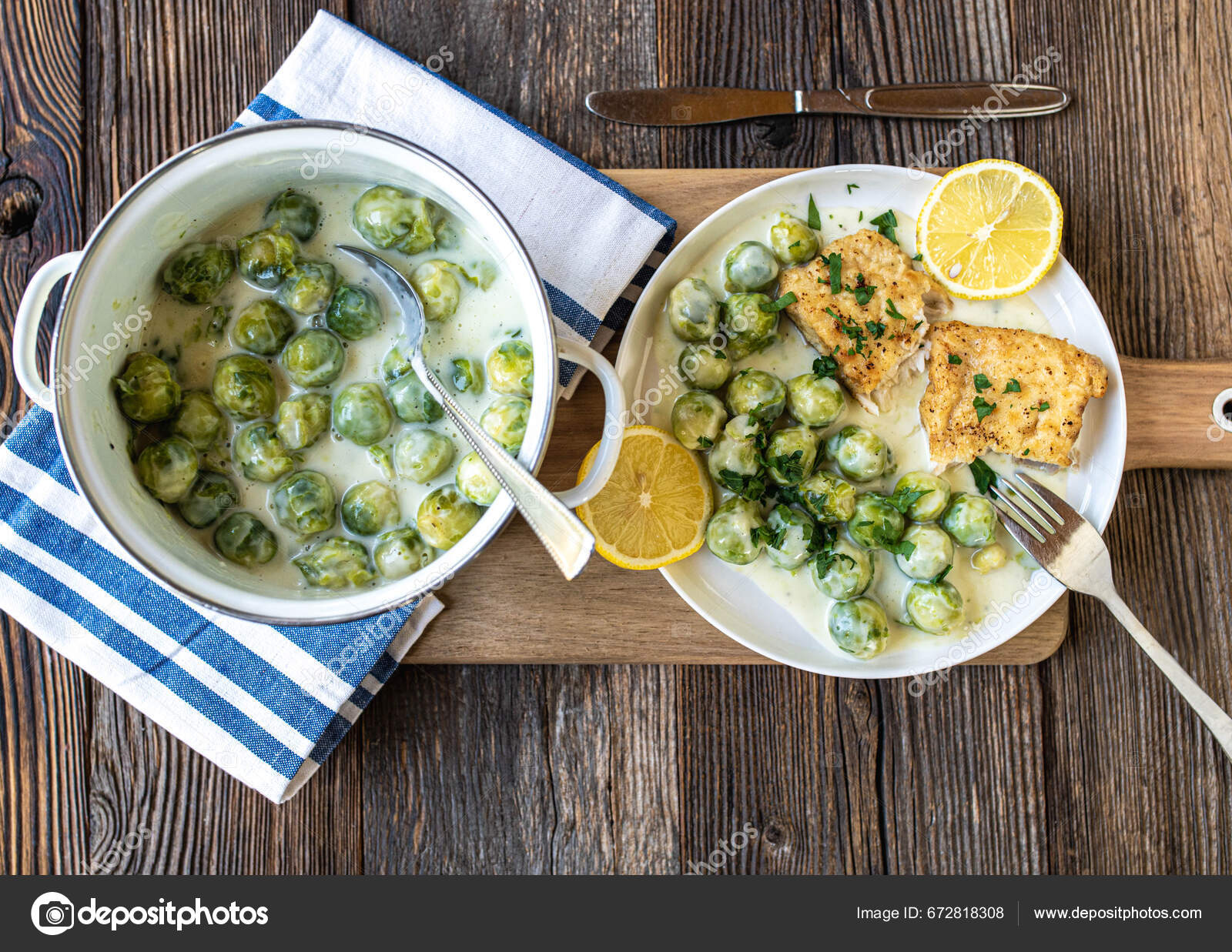 Brussels Sprouts Bechamel Sauce Pan Fried Fish Fillet — Stock Photo ...