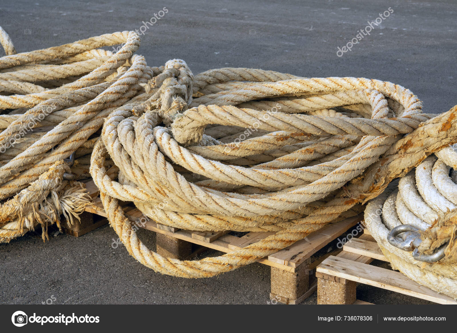 Close Large Coiled Ropes Stacked Wooden Pallets Outdoor Setting Ropes ...
