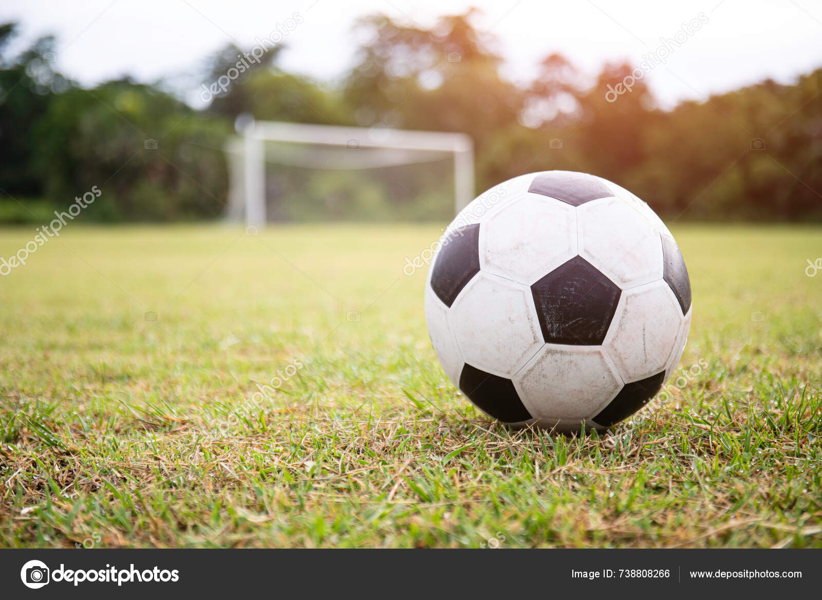 Soccer Ball Ready Play Goal Looms Distance Field Eager Become — Stock ...