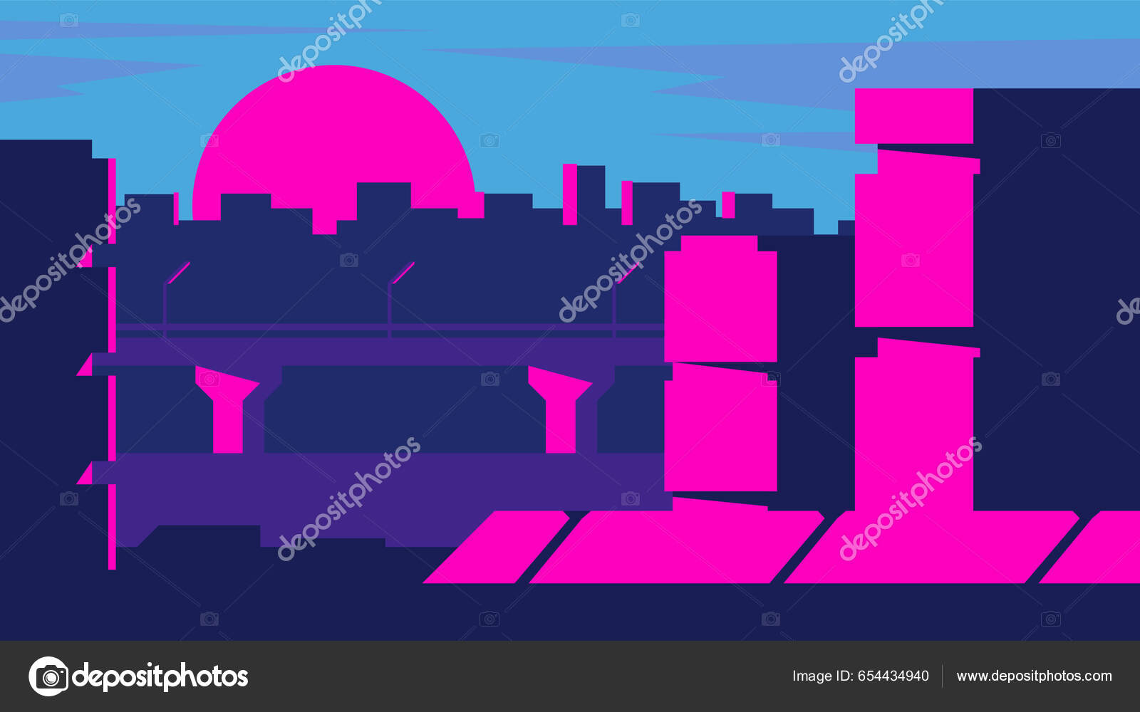 Pink Evening City Landscape Stylized Cyberpunk Nightlife Pink Sunset ...