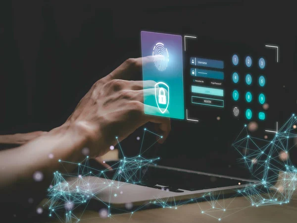 Person touching protecting personal information by fingerprint scanning ...