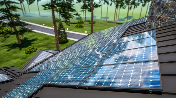 3d rendering of installation Solar panels on the roof of modern cozy ...