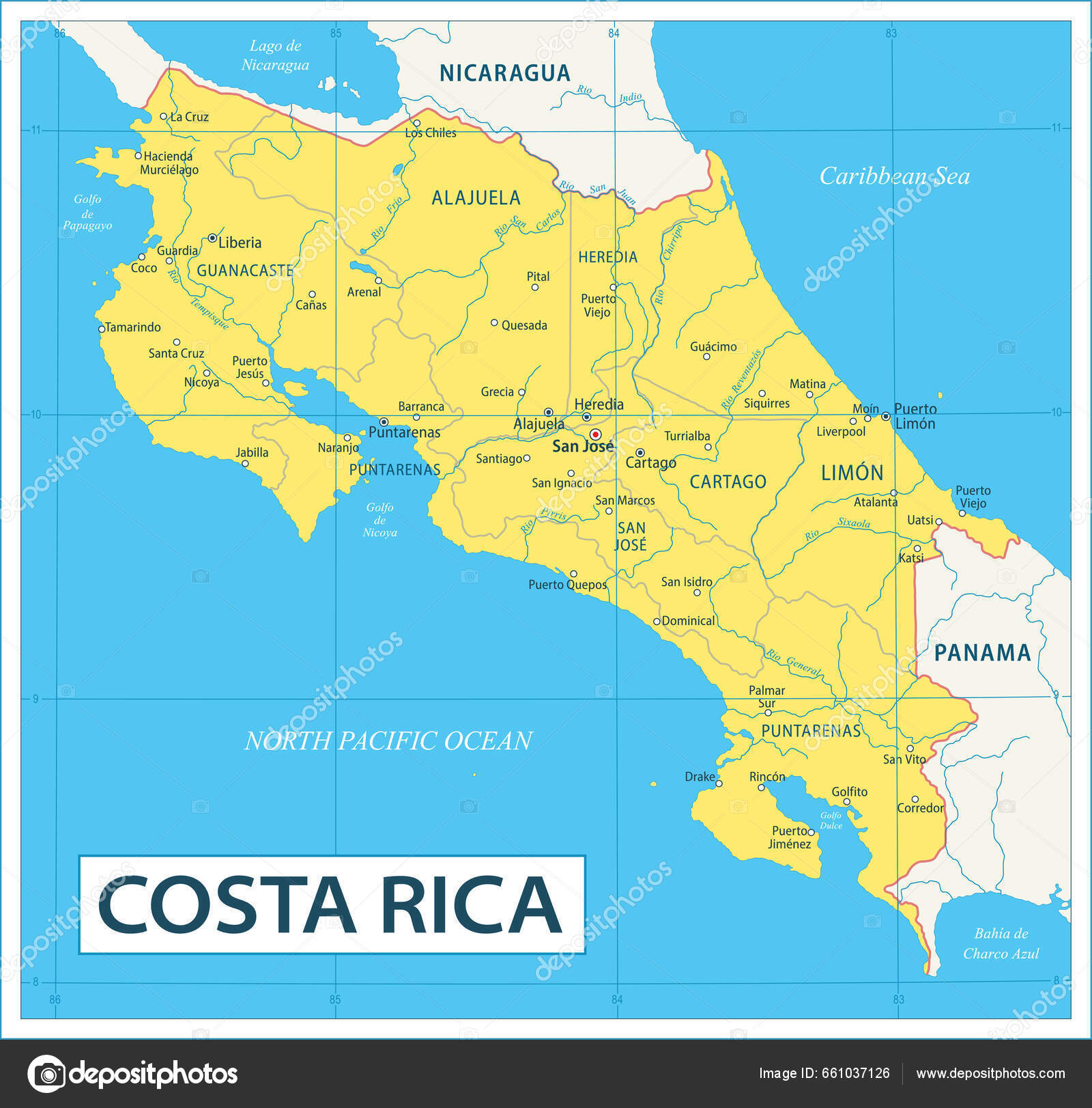 Mapa Costa Rica Ilustración Vectorial Altamente Detallada Vector de ...