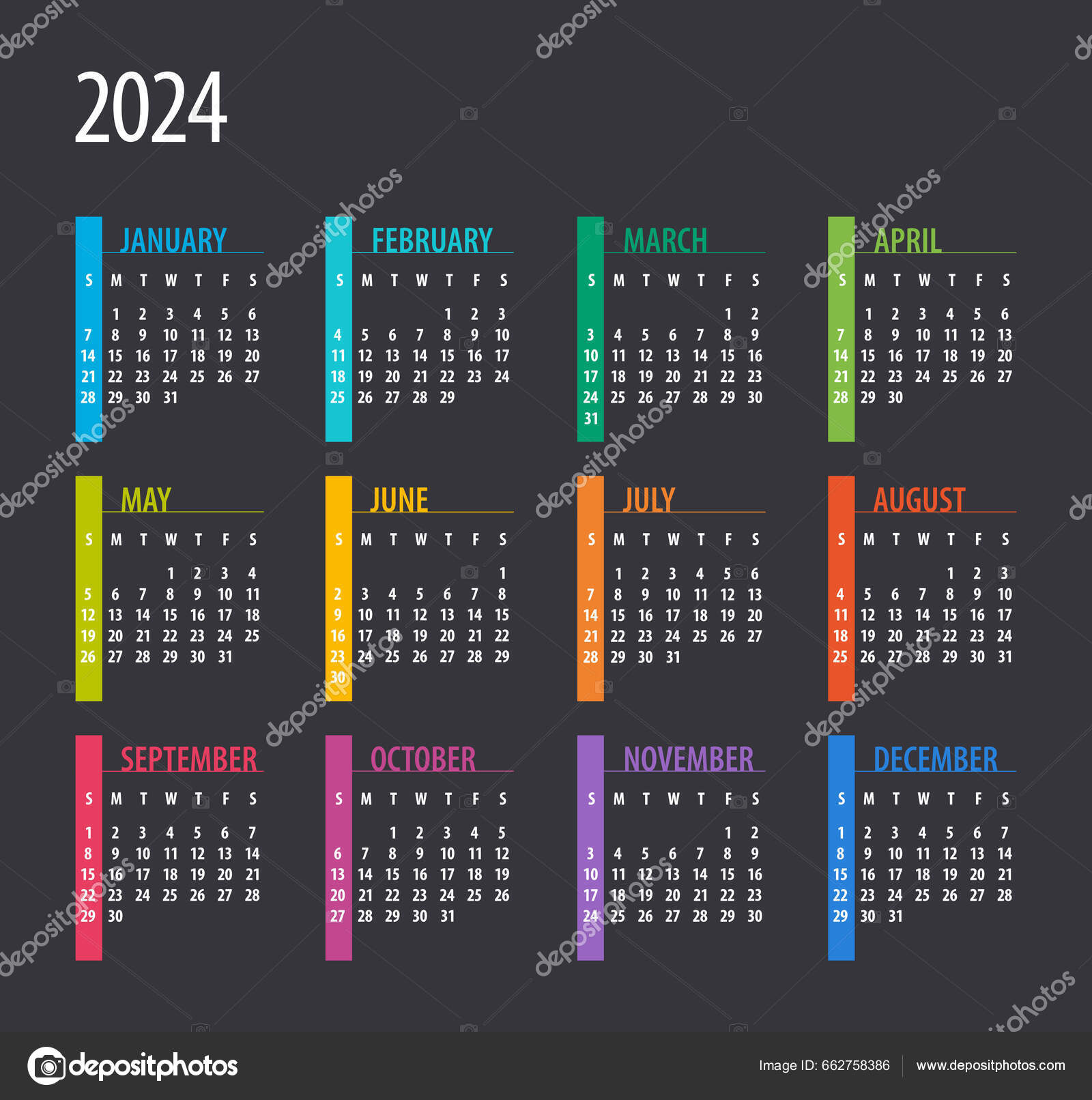 2024 Calendario Ilustración Plantilla Prepárate Semana Comienza Domingo ...