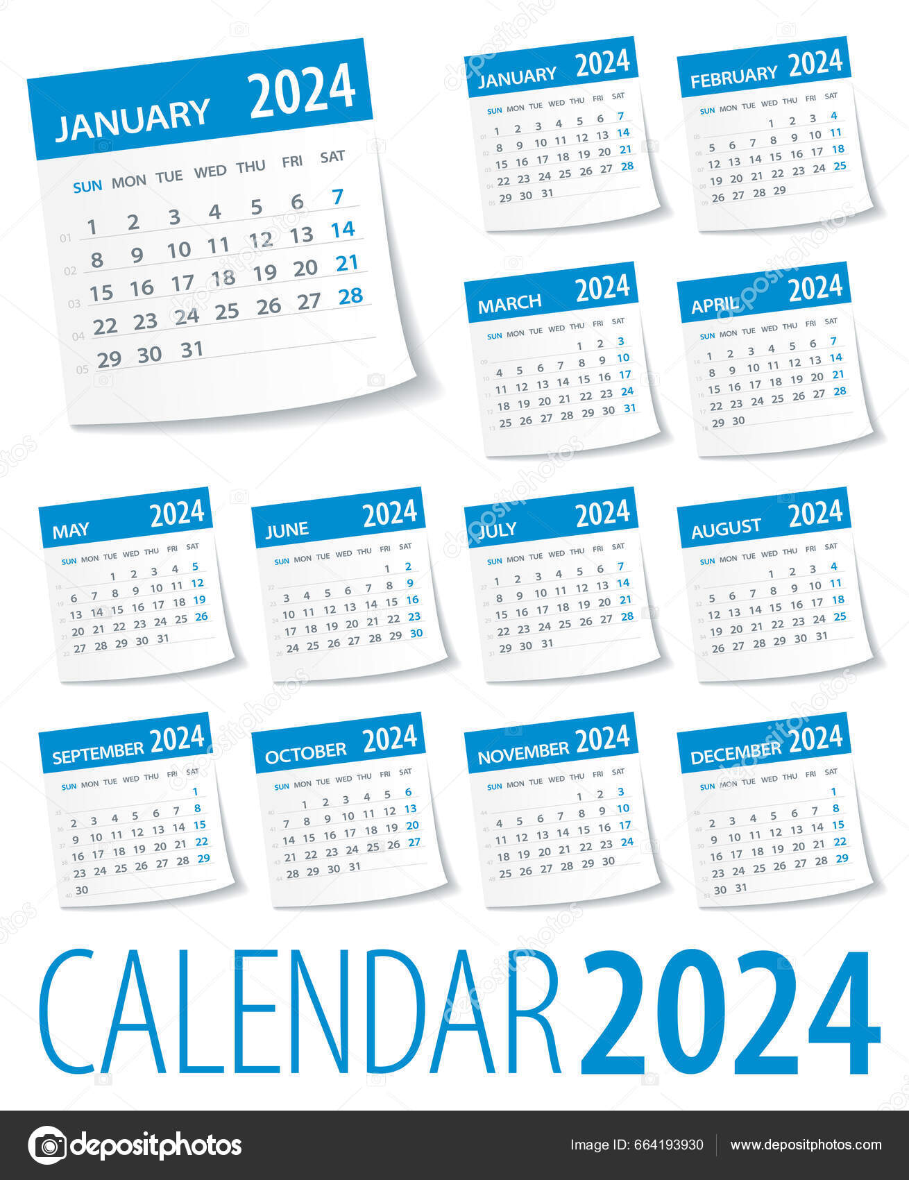 2024 Calendario Hojas Conjunto Semana Comienza Lunes Ilustración