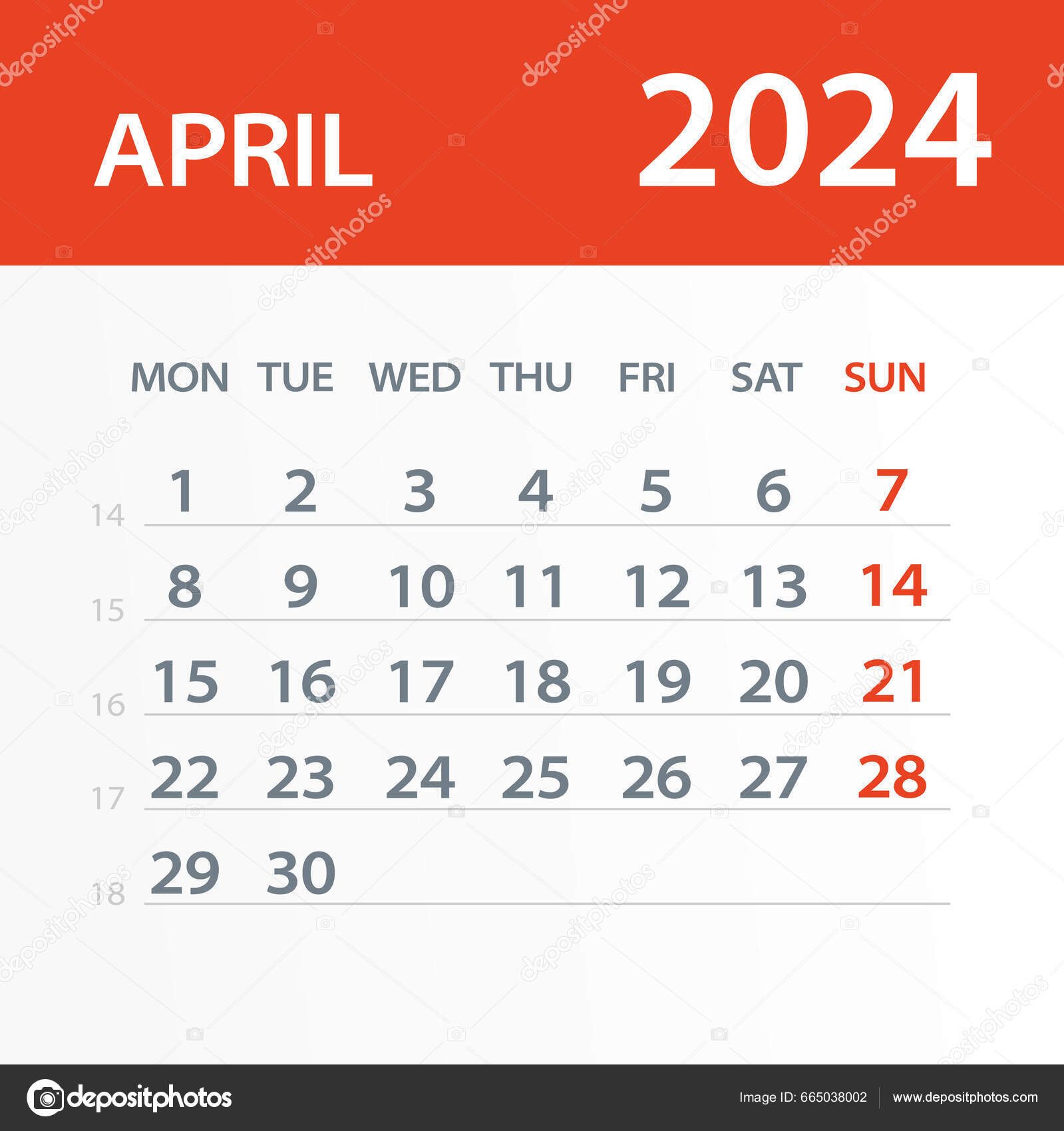 Abril 2024 Folha Calendário Ilustração Vetor Semana Começa Segunda ...