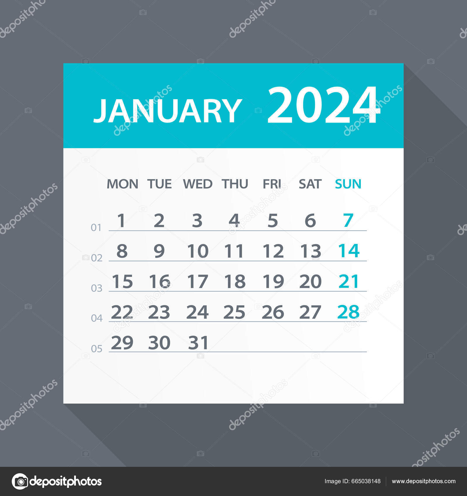 Leden 2024 Kalendář List Vektorové Ilustrace Týden Začíná Pondělí Stock Vektor od ©dikobrazik ...