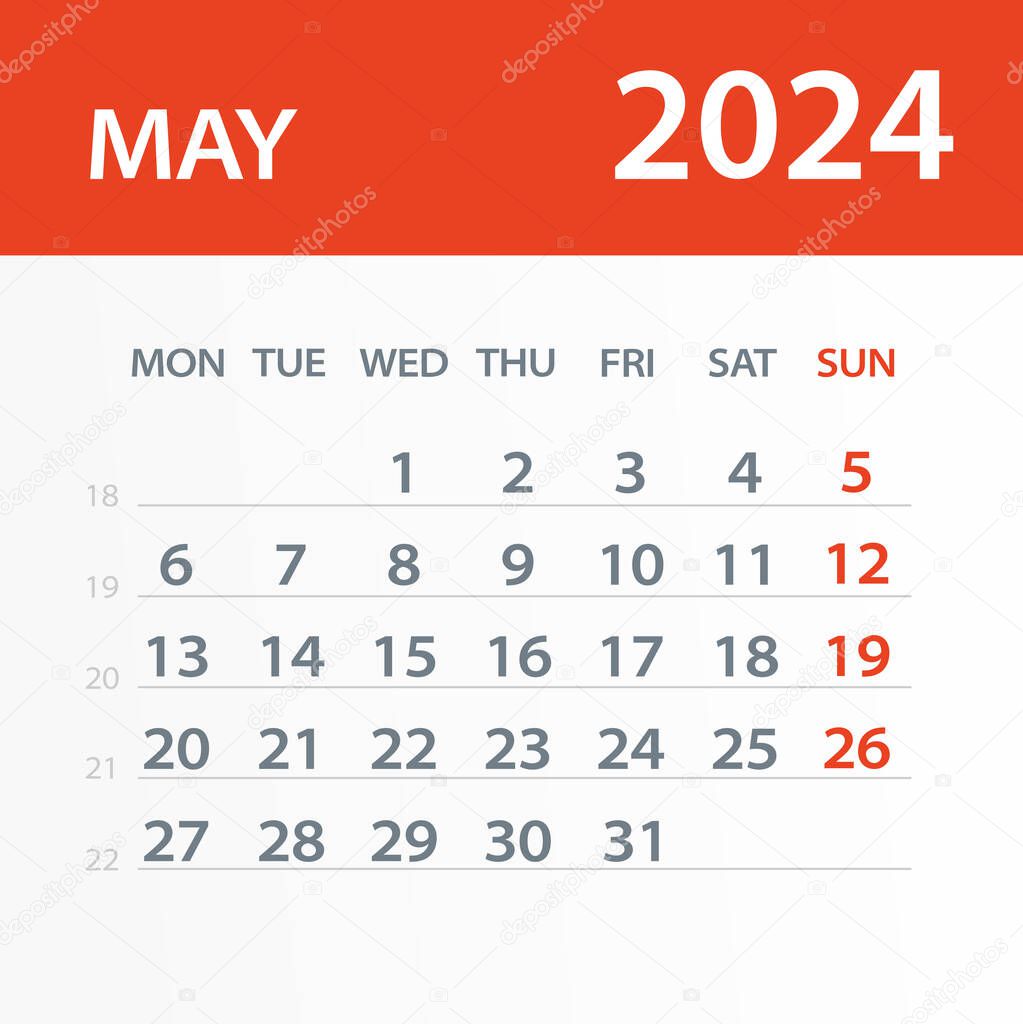 Mayo 2024 Hoja Calendario Ilustración Vectorial Semana Comienza Lunes ...