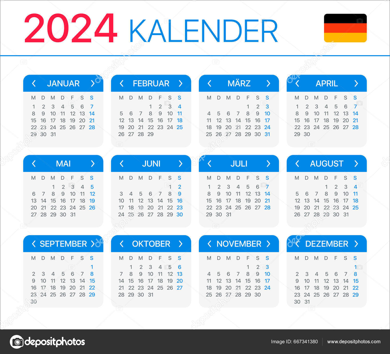 2024 Kalender Templat Vektor Gambar Ilustrasi Versi Jerman Vektor Stok ...