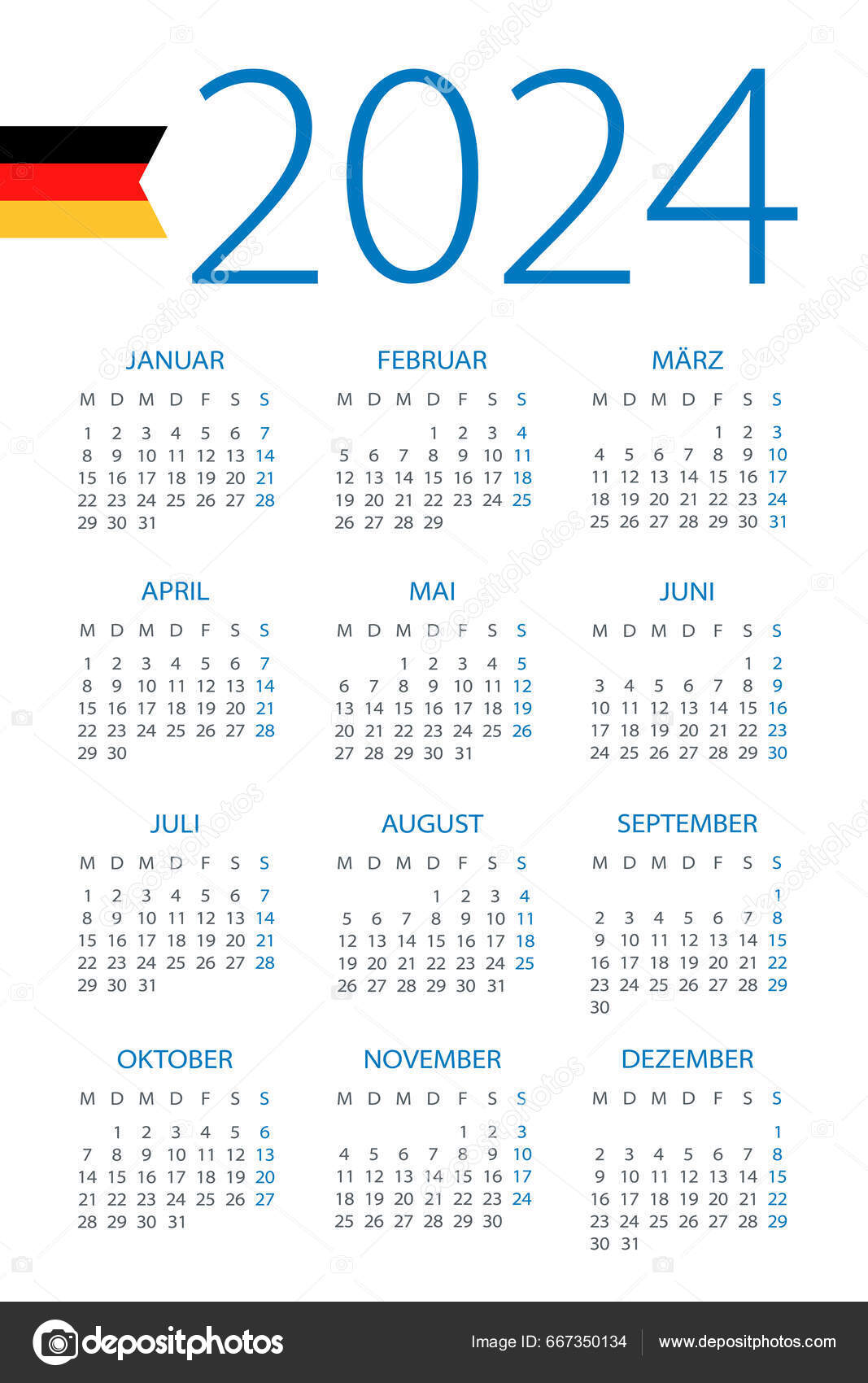 Kalender 2024 Ilustrasi Versi Jerman Minggu Dimulai Pada Hari Senin ...