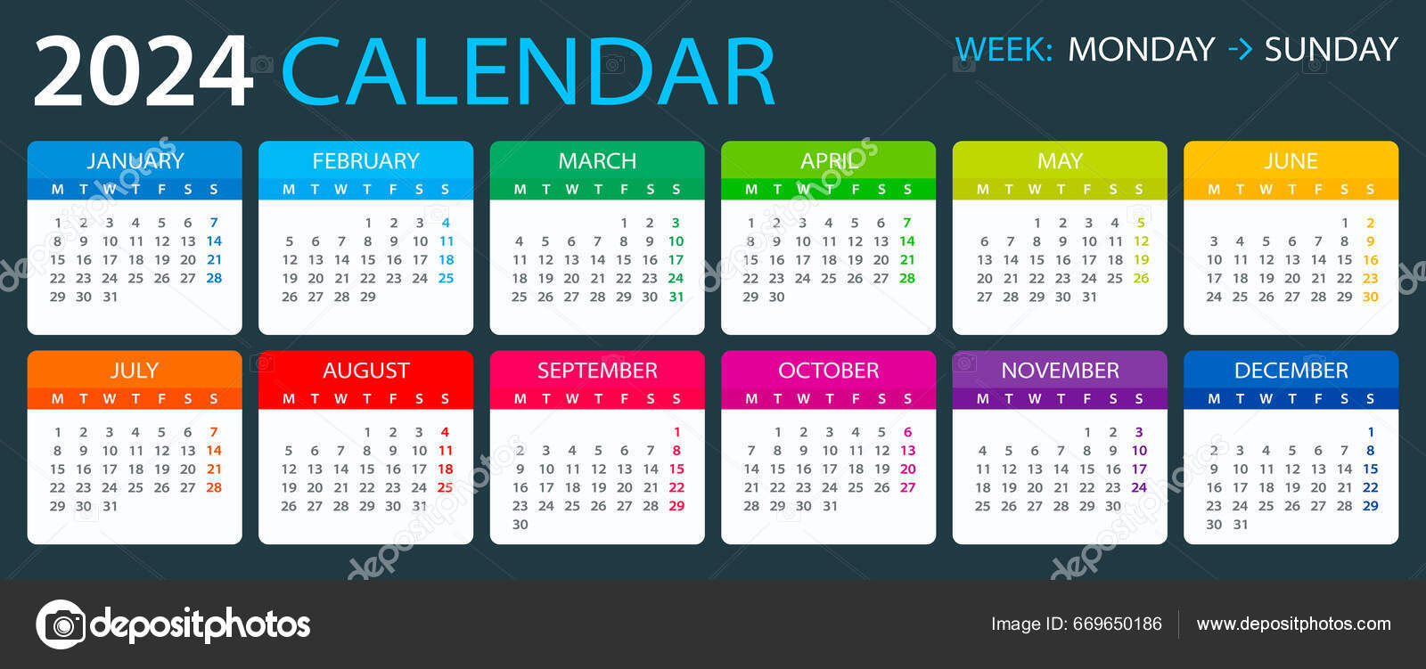 2024 Calendario Ilustración Vectorial Semana Comienza Lunes Vector De