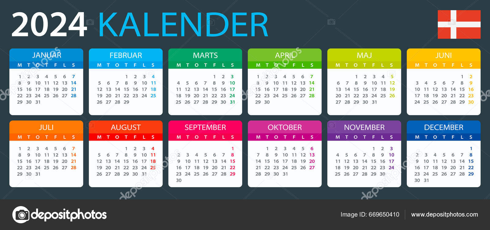2024 Kalender Gambar Vektor Versi Denmark Vektor Stok oleh ©dikobrazik ...