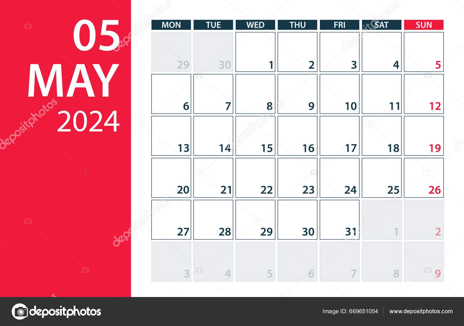 Mayo 2024 Planificador Calendario Ilustración Vectorial Plantilla ...