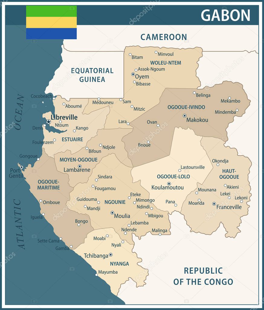 Gabón mapa Vector Vintage Dark Blue Beige - Personalizable en capas del ...