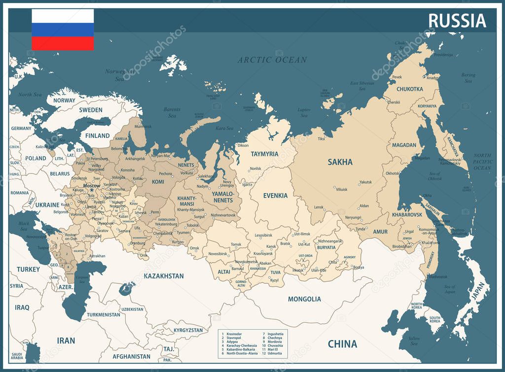 Rusia Mapa Vector Vintage Azul Oscuro Beige - Personalizable en capas ...