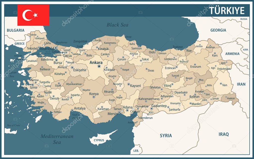 Turquía Mapa Vector Vintage Azul Oscuro Beige - Personalizable en capas ...