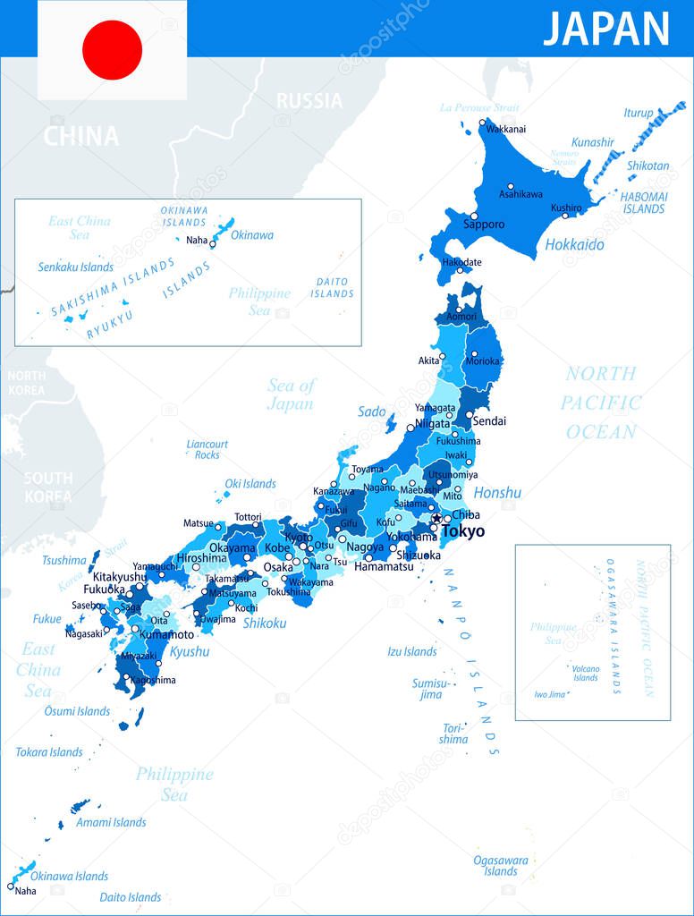 Japan Map Vector Blue Spot - Customizable layered political map of ...