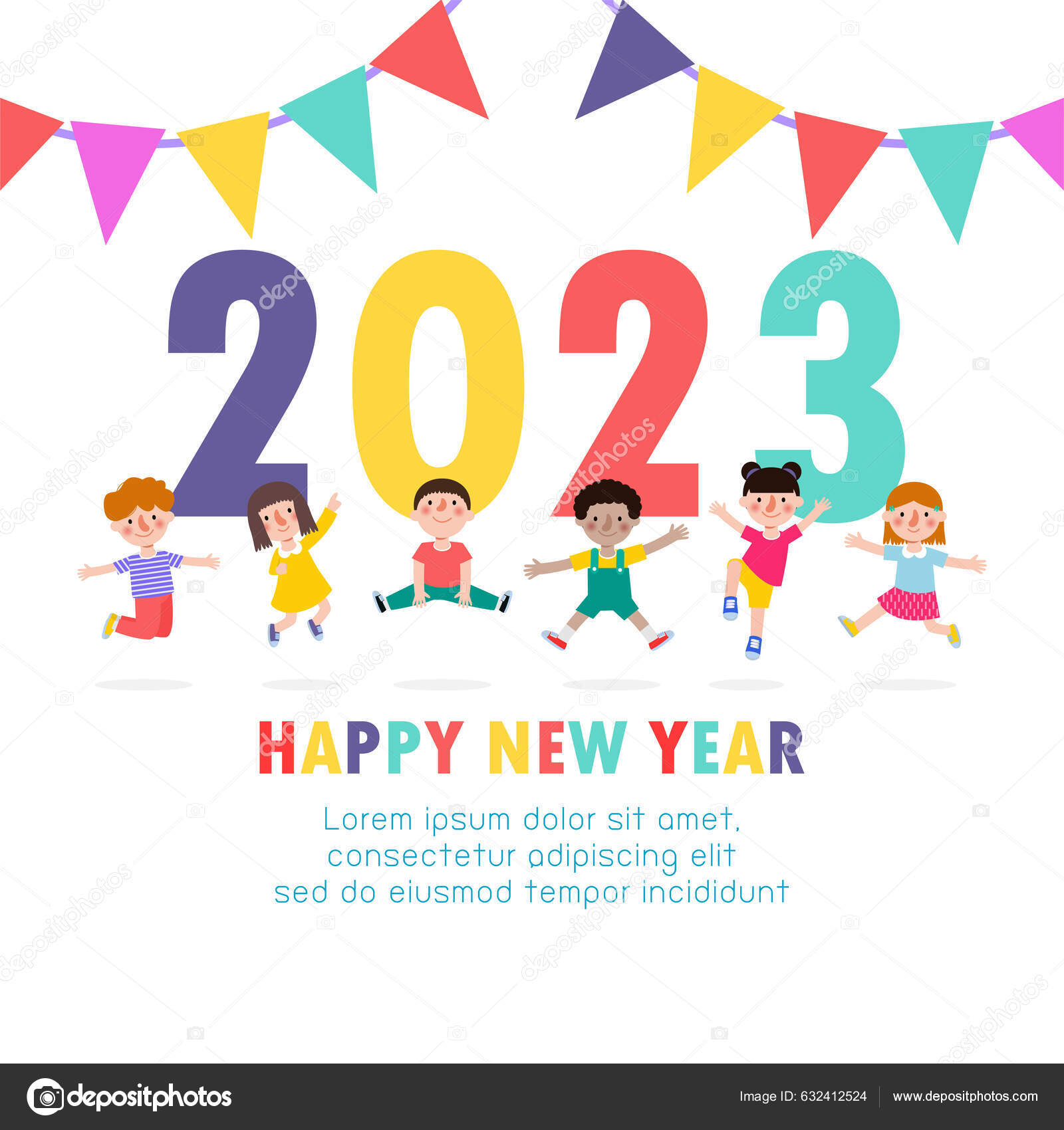 Happy New Year 2023 Greeting Card Colorful Merry Christmas Kids Stock ...