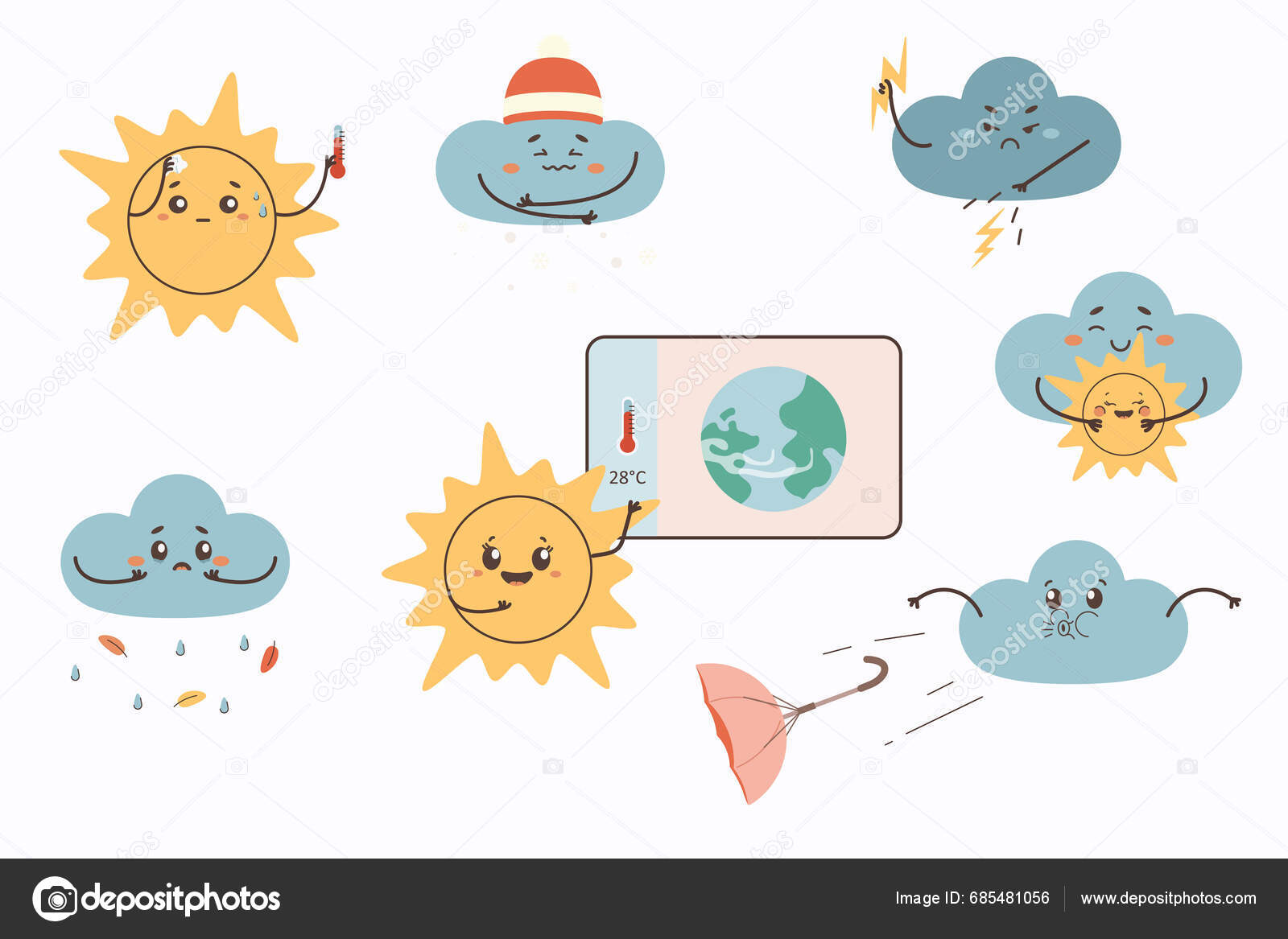 Jeu Caractères Cartoon Météo Clip Art Illustration Vectorielle Sur Fond ...