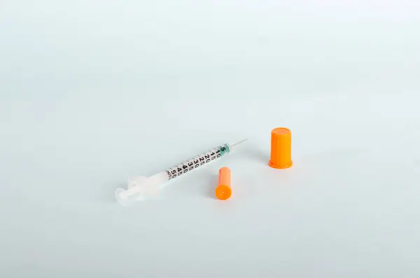 Syringe Needle Insulin Isolated Light Blue Background Orange Caps Hands ...