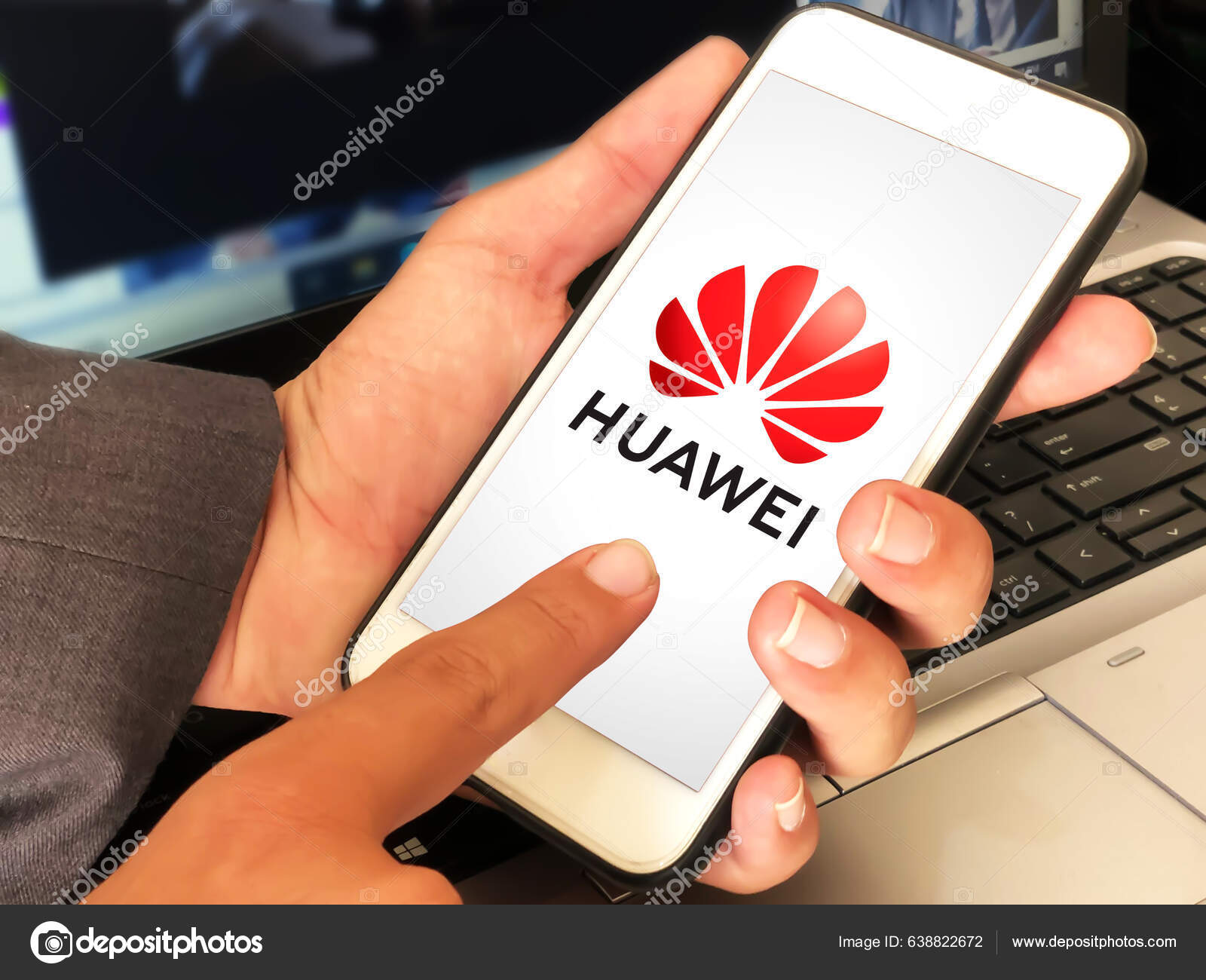 Man Using Huawei Mobile Screen Touching Laptop Backdrop Mobile Company ...