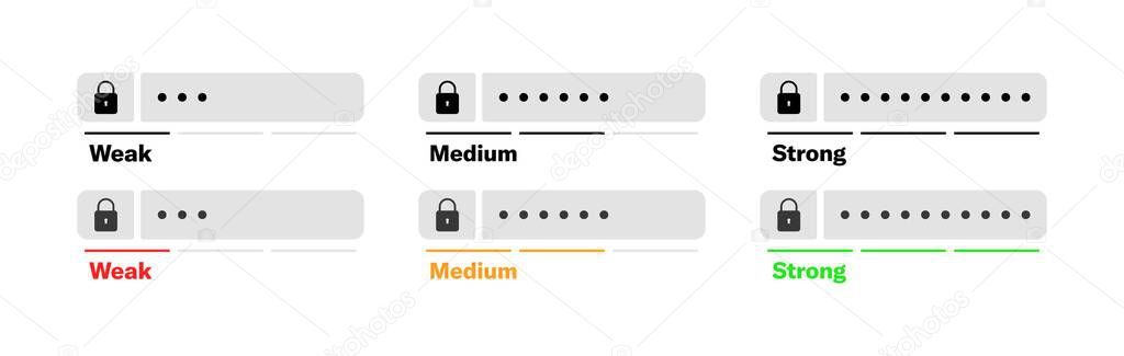 Iconos de contraseña. Contraseña débil, media y fuerte. Iconos ...