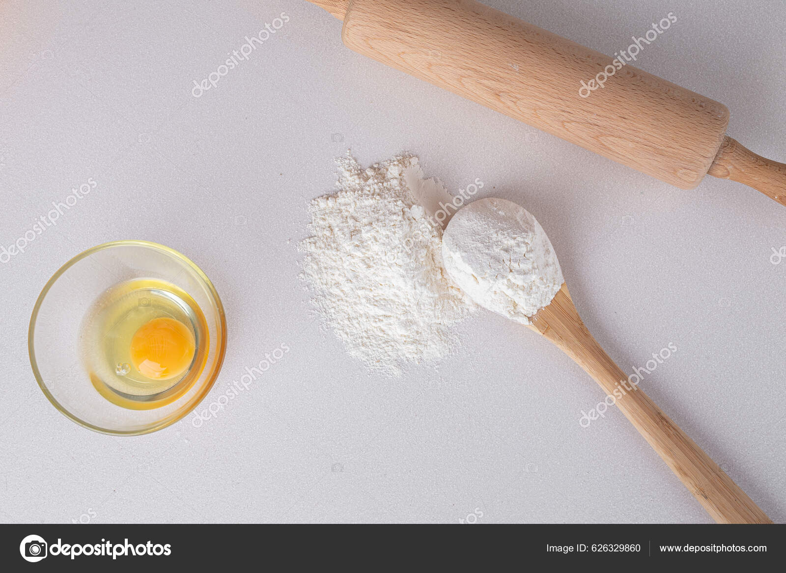 Top View Mound Flour Egg Glass Wooden Spoon Rolling Pin Stock Photo by ...