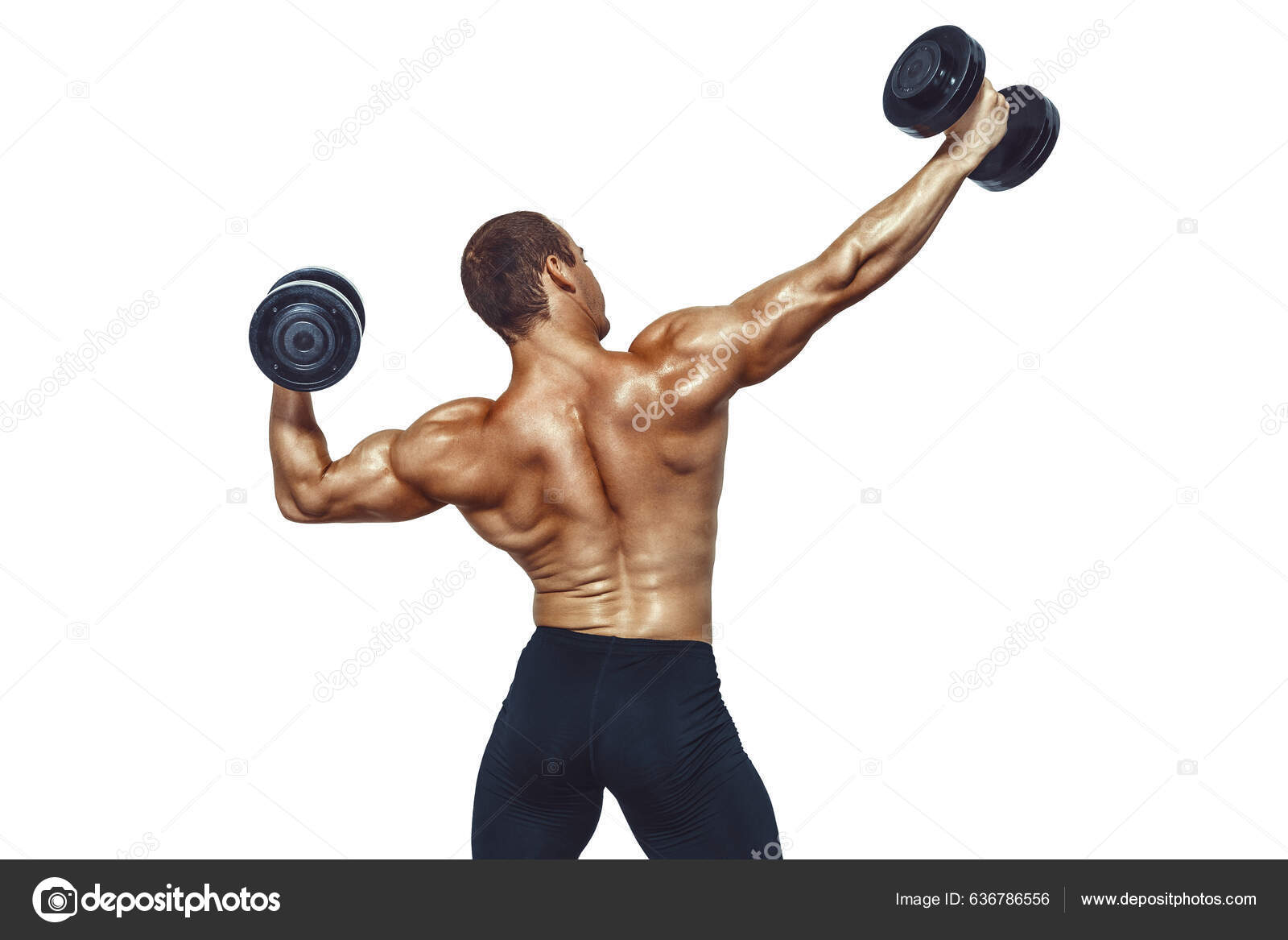 Back View Athletic Muscular Man Doing Exercises Dumbbells Strong ...