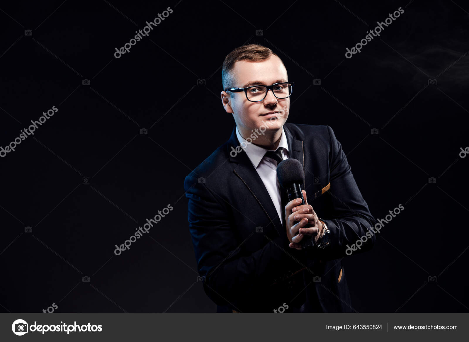 Anchor Journalist Black Suit Glasses Holding Microphone Black ...