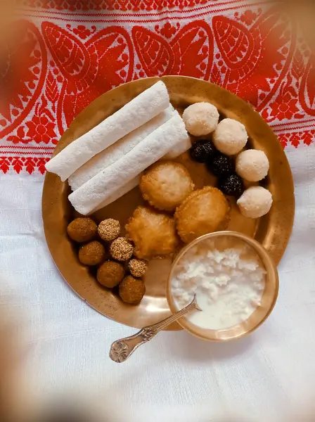 Assamese Traditional Food Items Pitha Laddu Doi Sira Assamese Gamosa ...