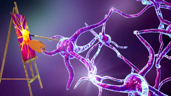 Neuronal cells bound in neural network paint a picture, conceptual 3D ...