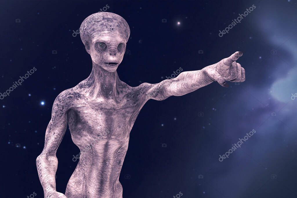 Alien humanoide señalando su dedo índice, ilustración 3D 2023