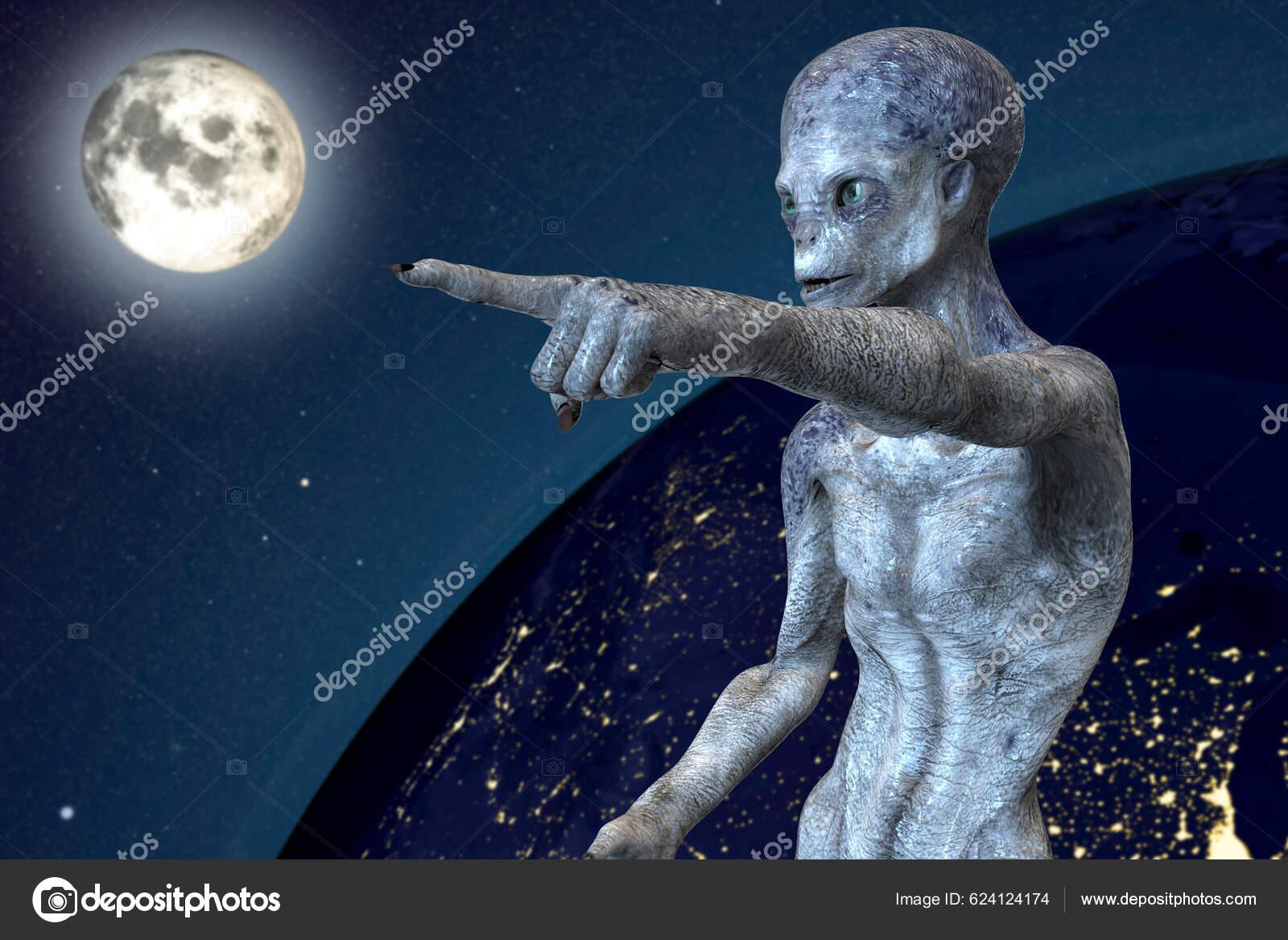 Humanoid Alien Pointing His Index Finger Background Night Earth Planet ...