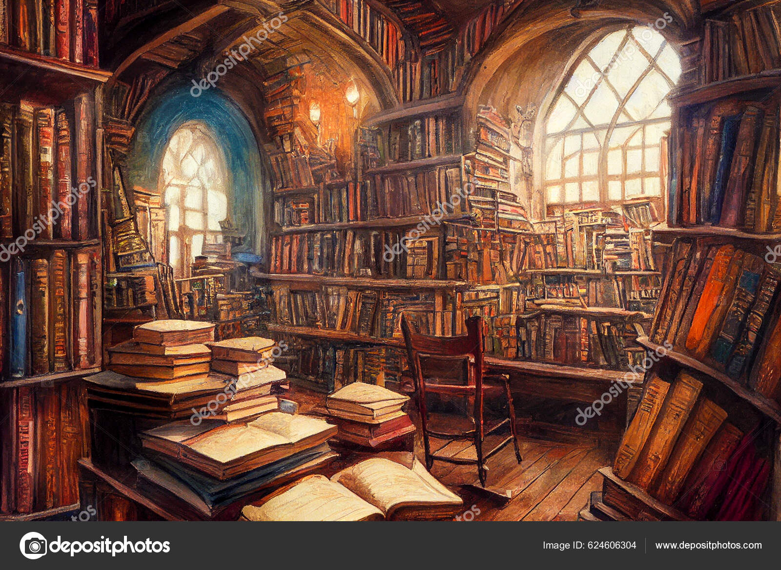 Medieval Library Many Old Books Shelves Table Digital Illustration Hand Stock Illustration by ...